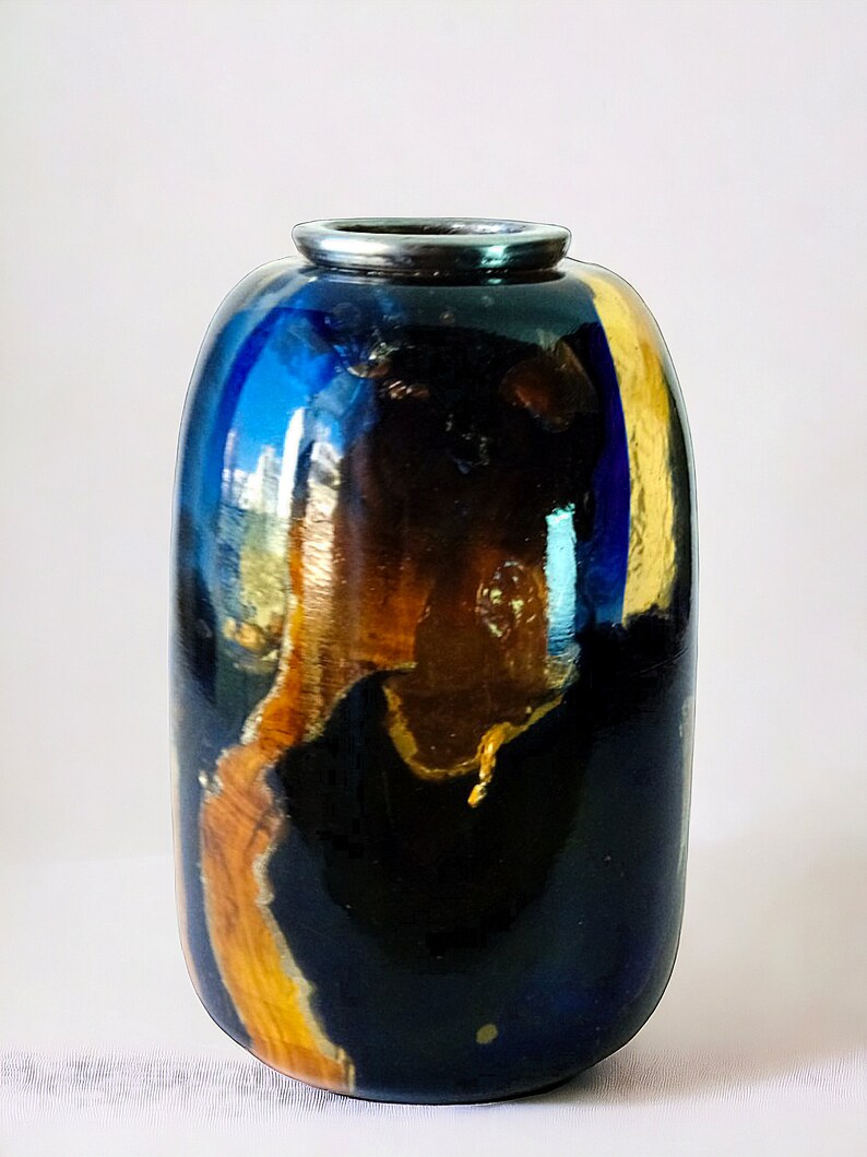 Elegant Blue and Brown Epoxy Glass Vase With Olive Wood, Pewter, and ...