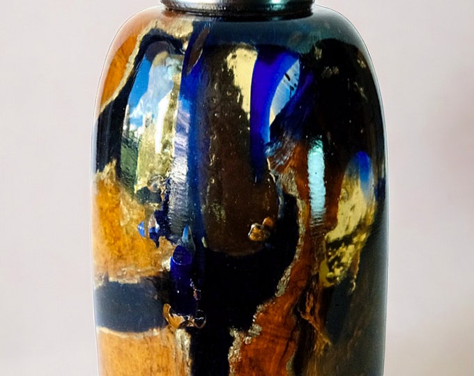 Elegant Blue and Brown Epoxy Glass Vase With Olive Wood, Pewter, and ...