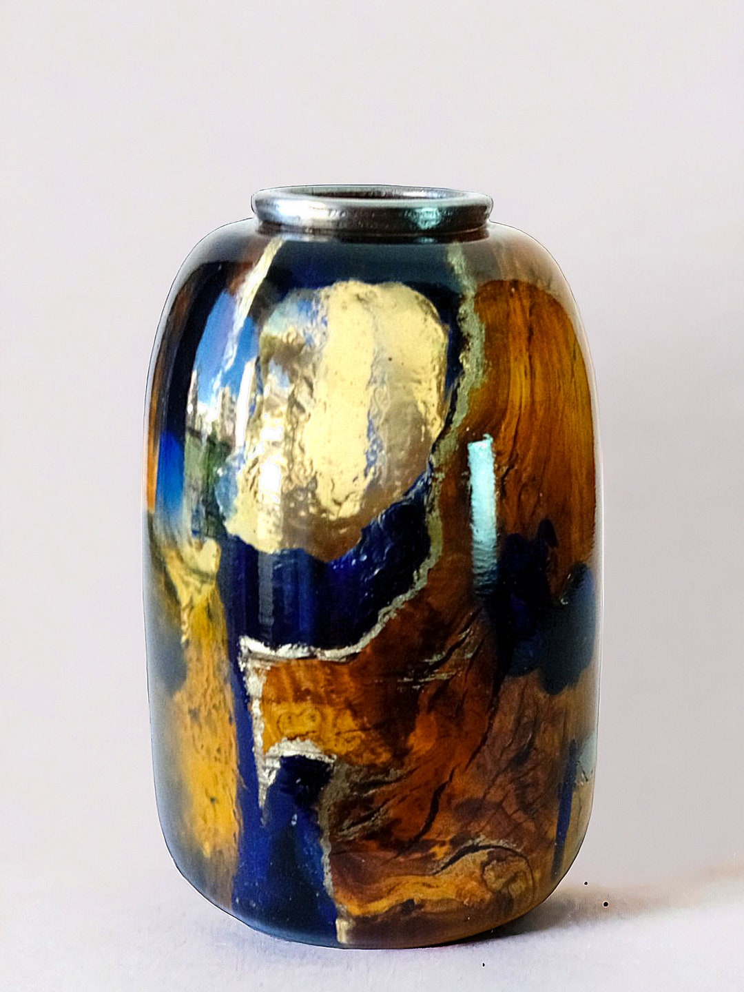 Elegant Blue and Brown Epoxy Glass Vase With Olive Wood, Pewter, and ...