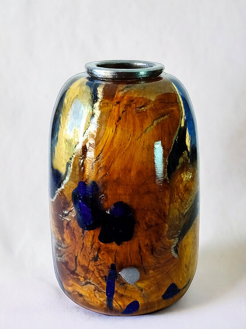 Elegant Blue and Brown Epoxy Glass Vase With Olive Wood, Pewter, and ...