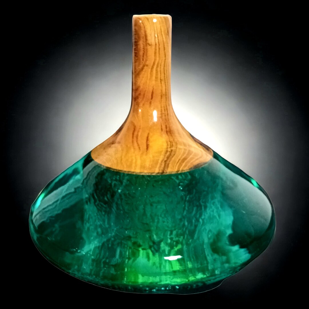 Epoxy Blue-green Epoxy Glass Vase With Olive Wood Neck height 18cm ...