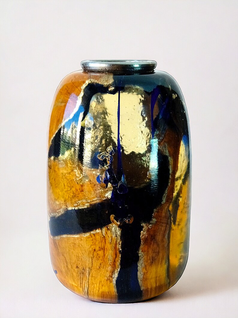 Elegant Blue and Brown Epoxy Glass Vase With Olive Wood, Pewter, and ...