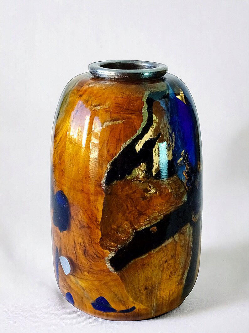 Elegant Blue and Brown Epoxy Glass Vase With Olive Wood, Pewter, and ...