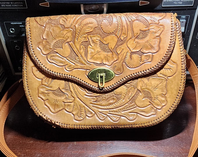 1970's Genuine Leather Floral Embossed Handbag. Fixer Upper Project. - Etsy