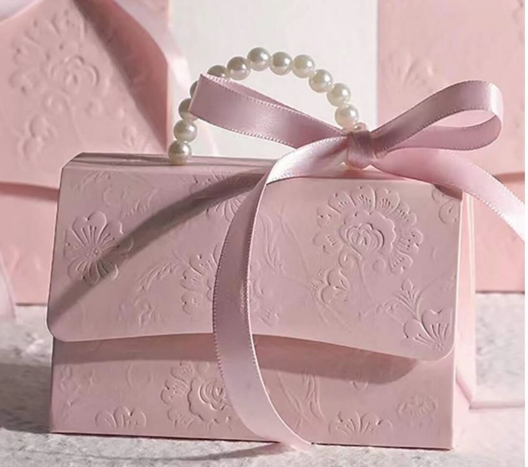 Chic Pink Embossed Gift & Favor Box With Elegant Pearl Handle and Satin ...