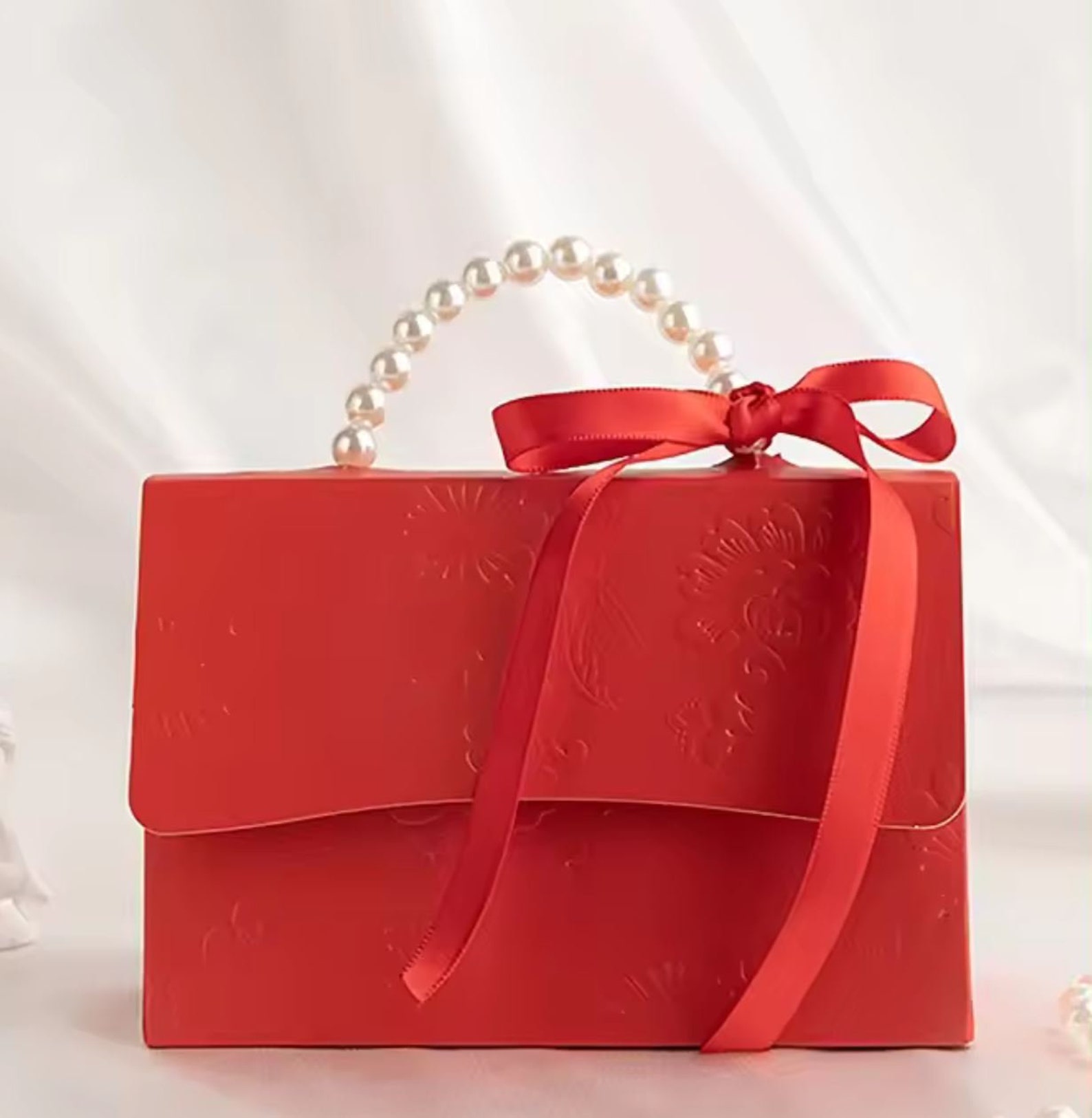 Chic Pink Embossed Gift & Favor Box With Elegant Pearl Handle and Satin ...