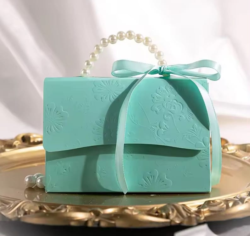 Chic Pink Embossed Gift & Favor Box With Elegant Pearl Handle and Satin ...