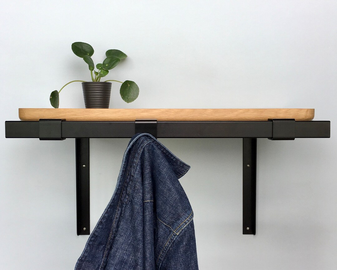 Wall Mount Clothes Rail and Shelf | Oak Shelf + Black Minimalist ...