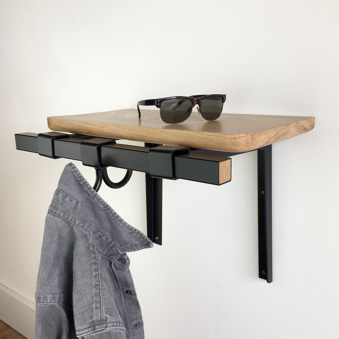 Wall Mount Clothes Rail and Shelf Oak Shelf Black Minimalist Brackets ...