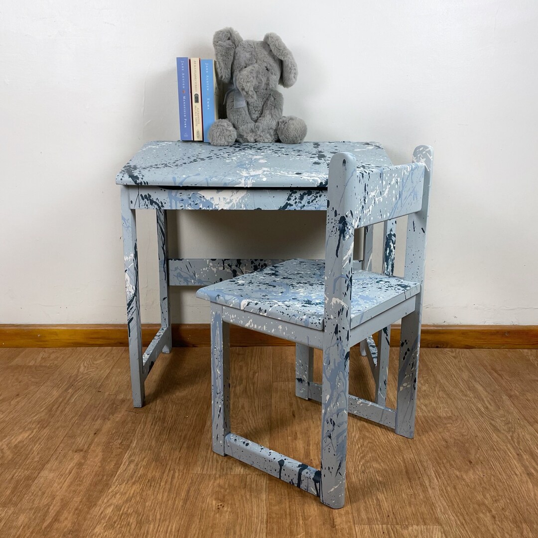 Vintage Child's Writing Desk and Chair: Pale Blue Stippled Paint - Etsy