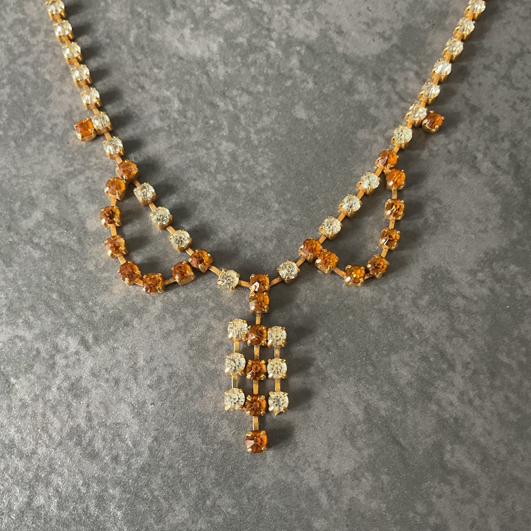 Vintage Rhinestone Swag Necklace. Clear & Cognac Paste Stones, 1950s ...