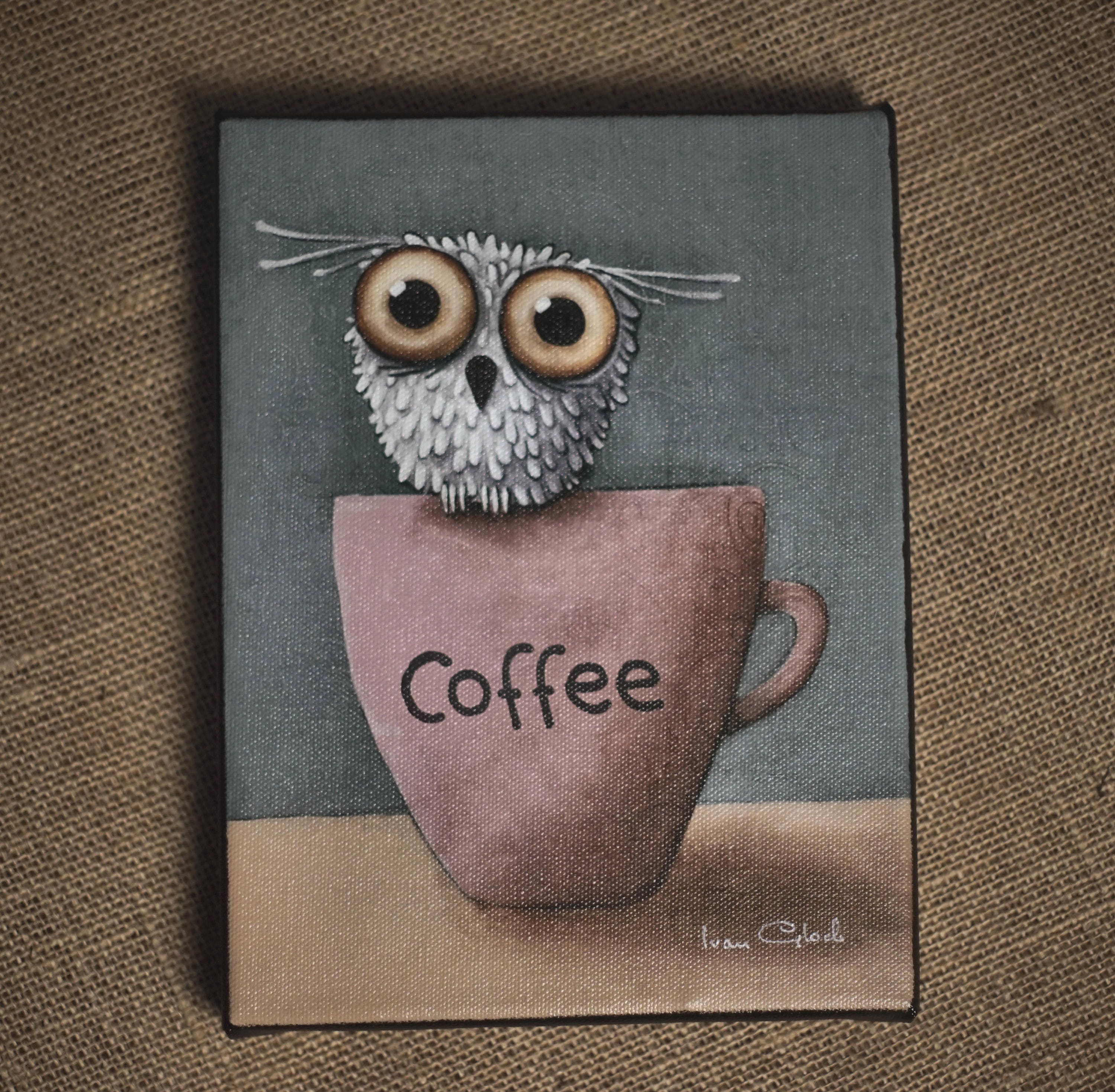 Coffee Owl Owl Drawing Cute Owl Owl Cartoon Big Eyes Owl - Etsy