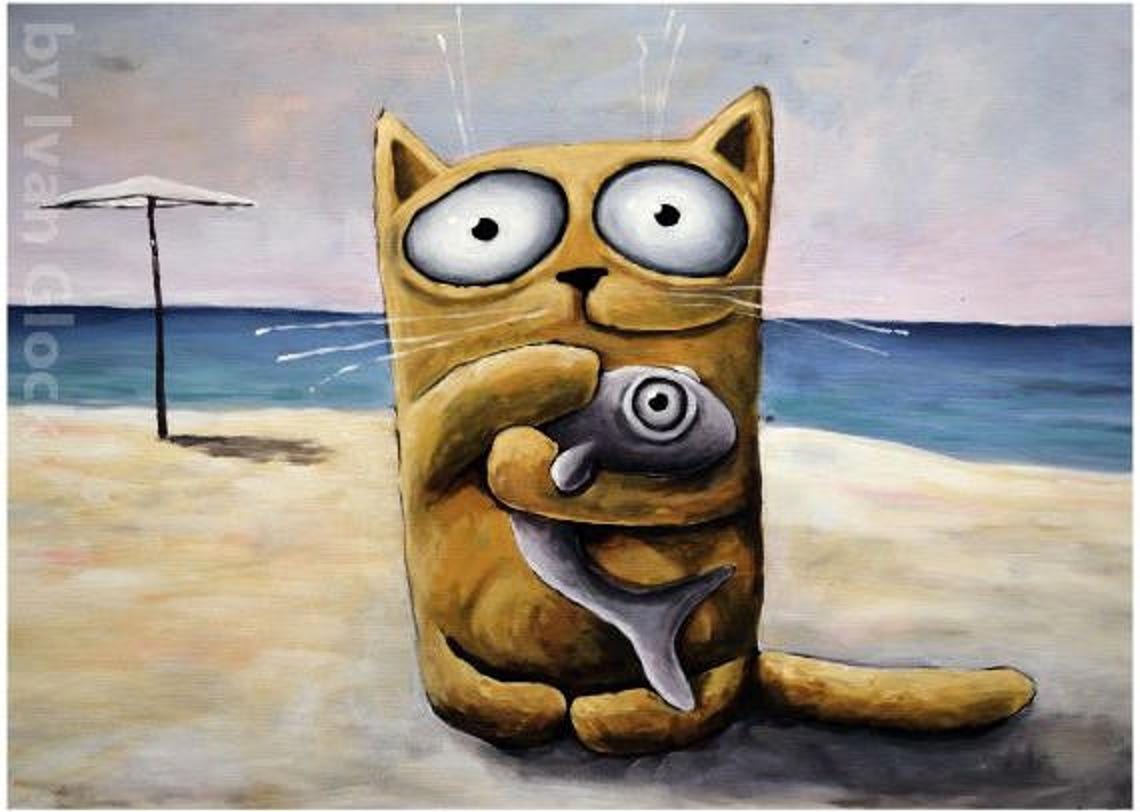 Cat With Fish , Cat Drawing, Cute Cat, Cat Cartoon, Black Cat Big Eyes ...