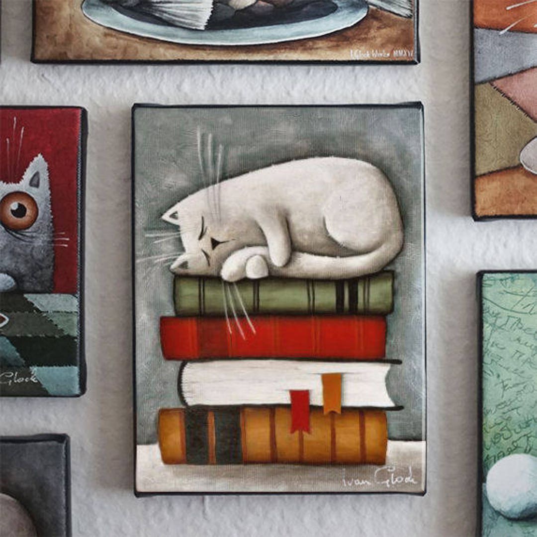 Cat on the Books, Cat Drawing, Cute Cat,cat Cartoon, Reading Room Decor ...
