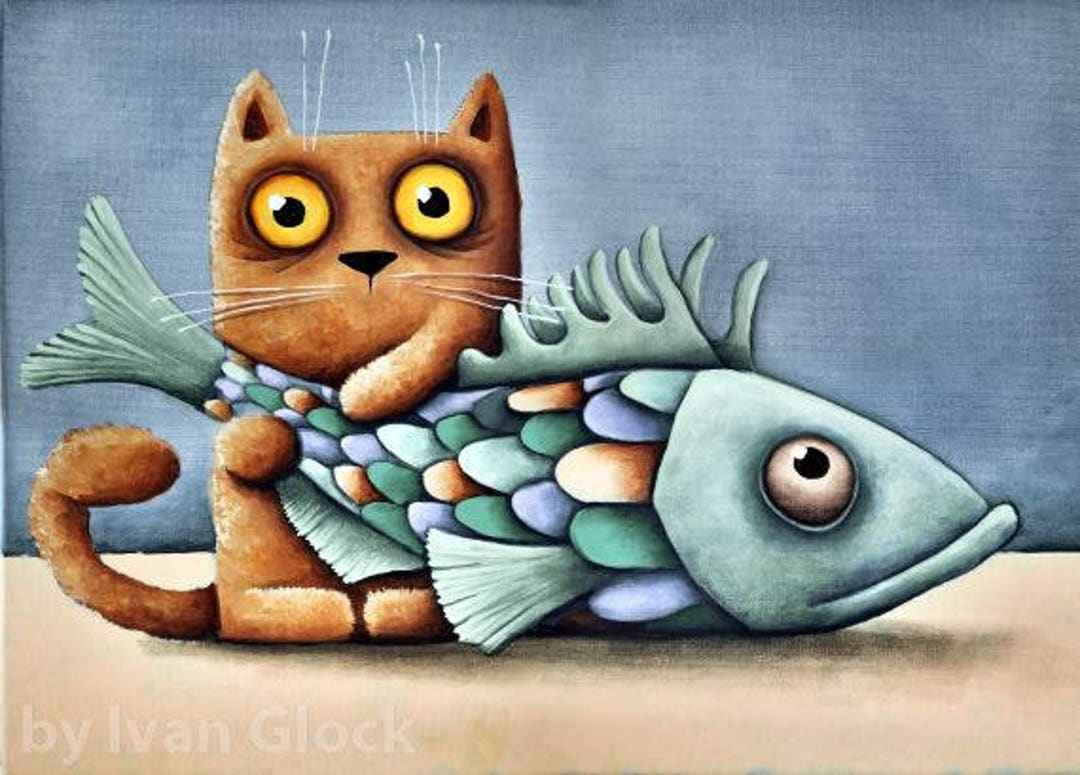 Cat With Fish, Cat Drawing, Cute Cat, Cat Cartoon, Orange Cat - Etsy