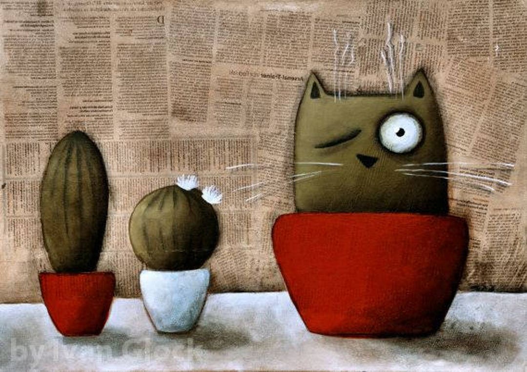 Cat With Cactus , Cat Drawing, Cute Cat, Cat Cartoon - Etsy