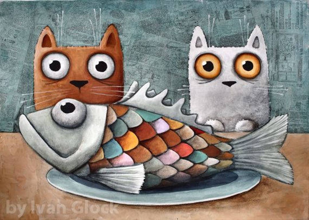 Cats Eating Fish, Kitchen Picture, Modern Art, Ivan Glock 50x70 - Etsy