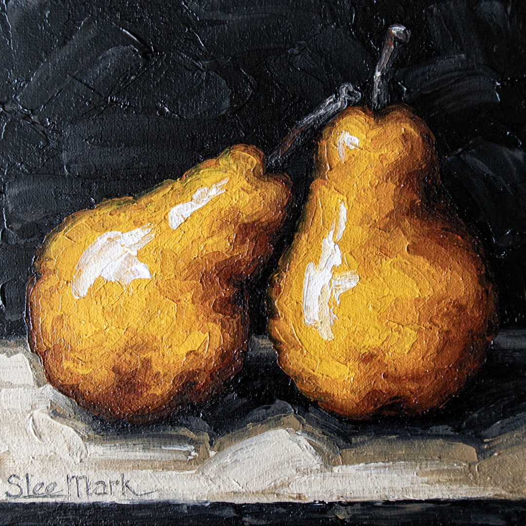 Zwei Birnen Original Kunst 6x6 von S.Lee Mark Stilleben Ölgemälde Obst ...