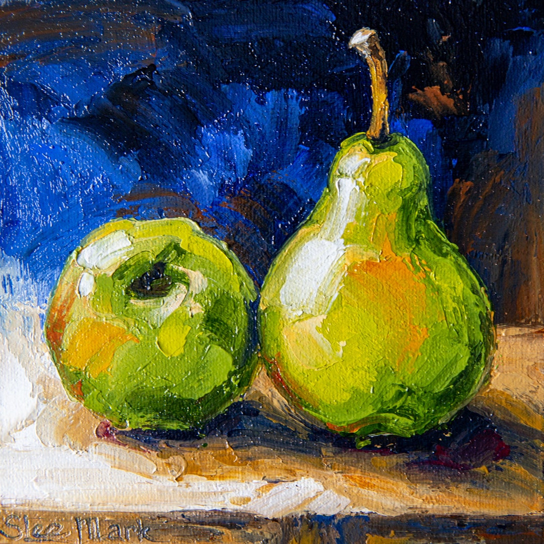 Green Pears Original Art 6x6 by S. Lee Mark Stil Life Oil Painting ...
