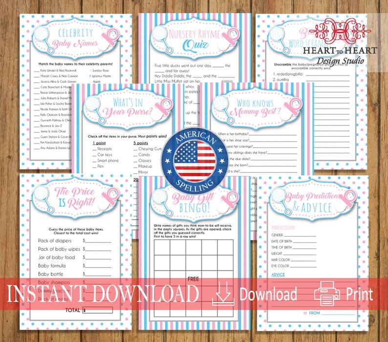 Eight Blue Pink Baby Shower Games, Gender Reveal, Twins Baby Shower ...