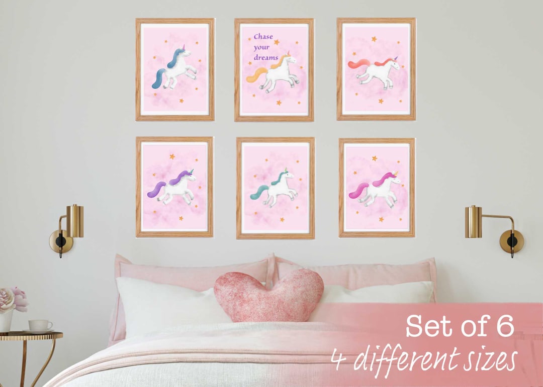 Set of 6 Running Unicorns Posters for Kid Bedroom Wall Decor With ...