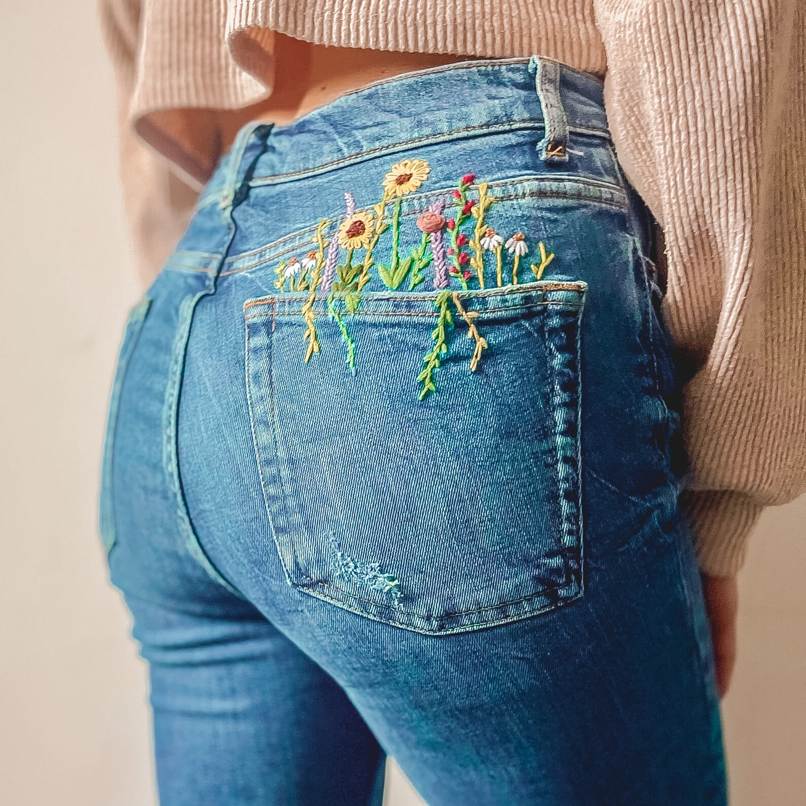 Hand-embroidered Flower Pocket Jeans - Etsy