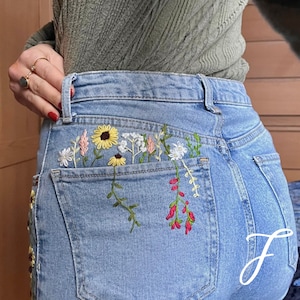 Hand-embroidered Flower Pocket Jeans - Etsy