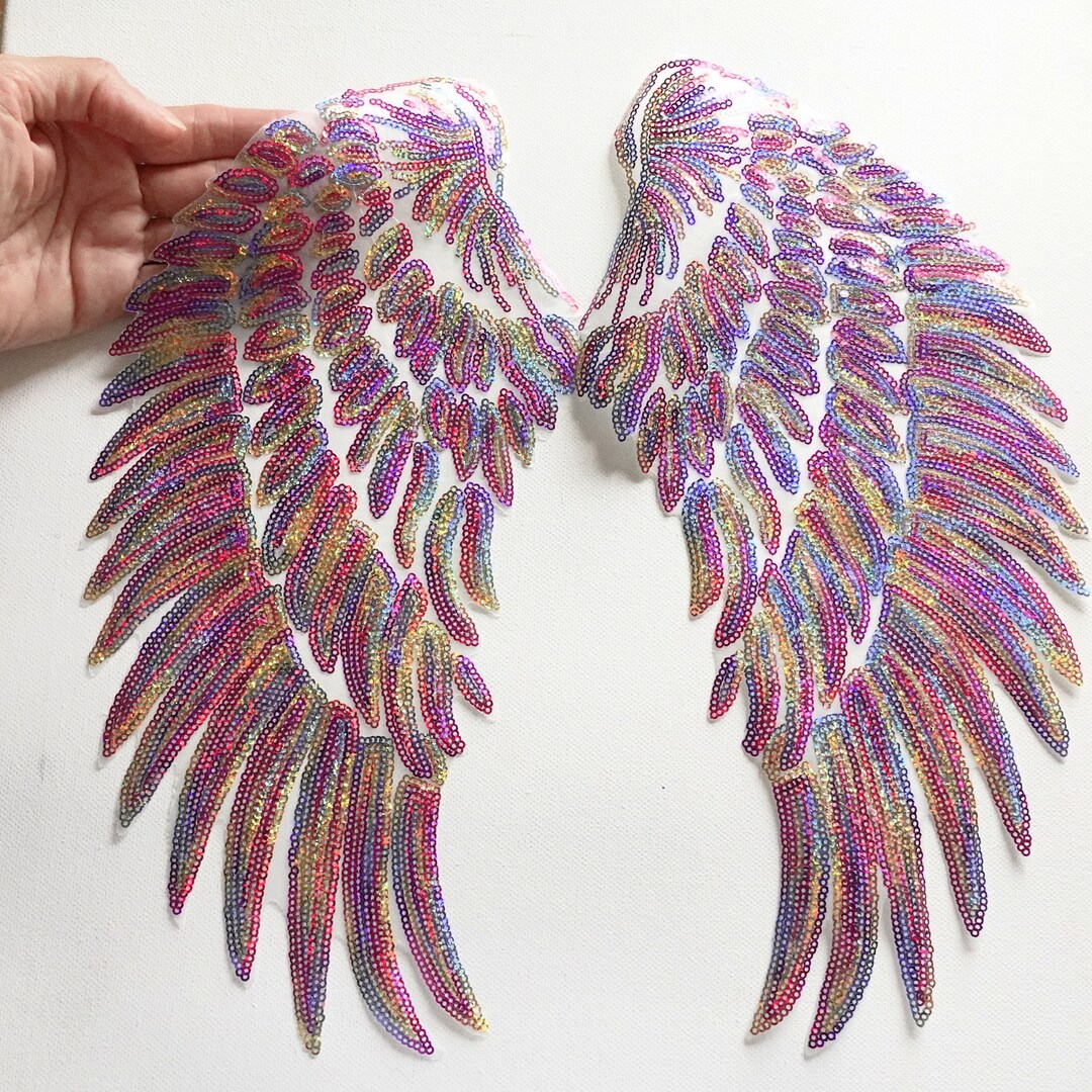 Large Angel Wing Fusible Patches, 1 Pair Rainbow Sequin Iron-on Thermo ...