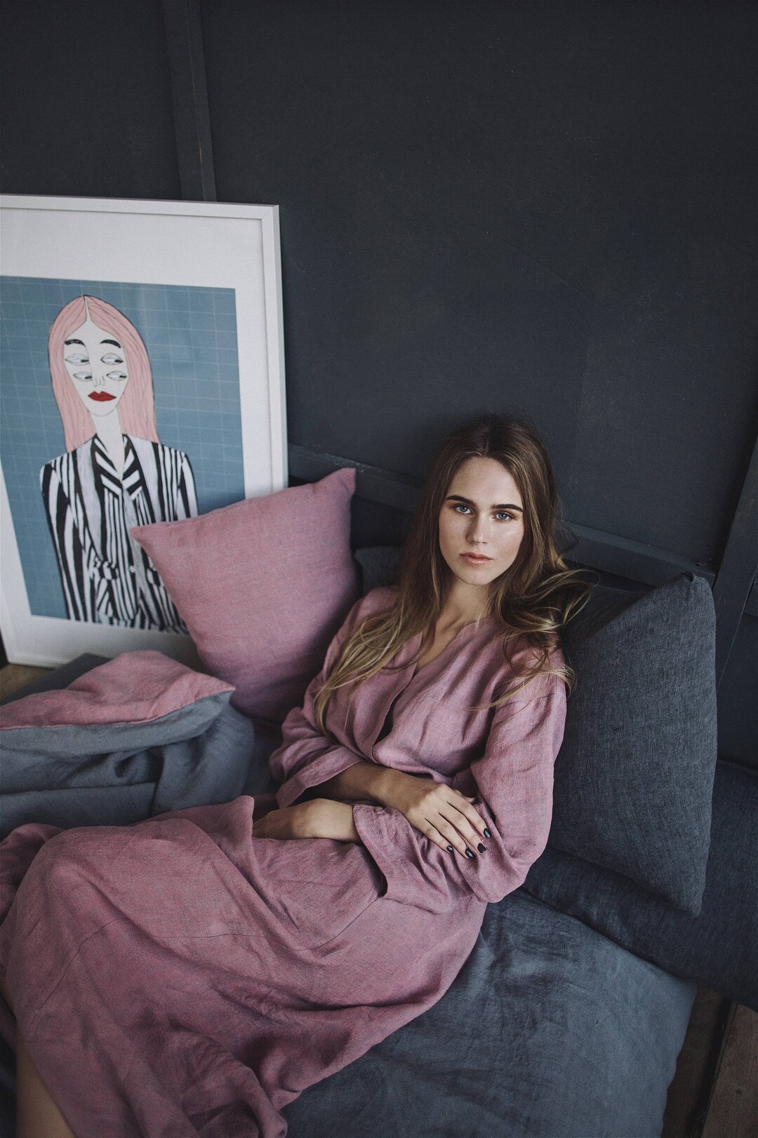 Pink Natural Certified Linen Bathrobe With Pockets, Soft Linen Robe ...