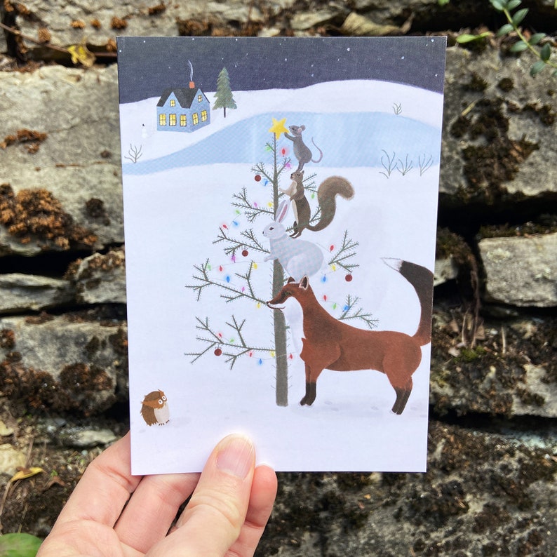 Christmas Greeting Card Woodland Animals Decorating the - Etsy