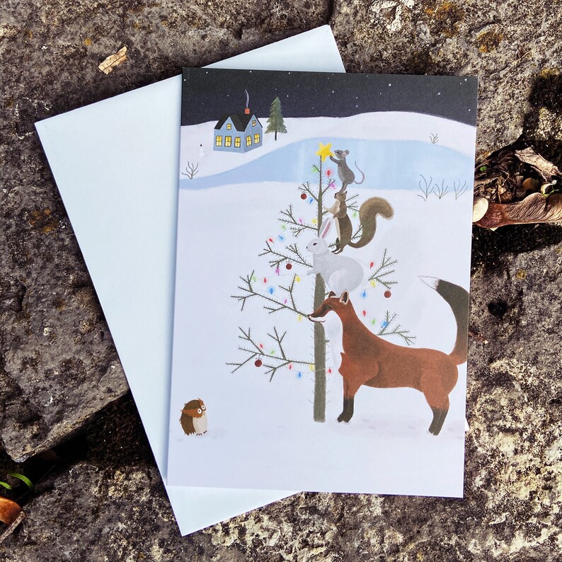 Christmas Greeting Card Woodland Animals Decorating the - Etsy