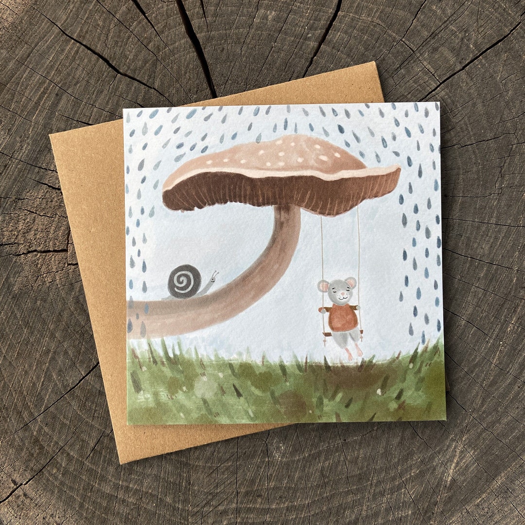 Mushroom Birthday Card, Snail Card, Mushroom Swing Mouse Greeting Card ...