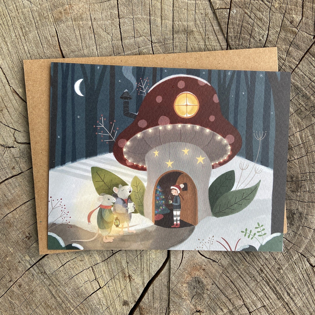 Mouse and Gnome Christmas Card, Magical Mushroom Holiday, Winter ...