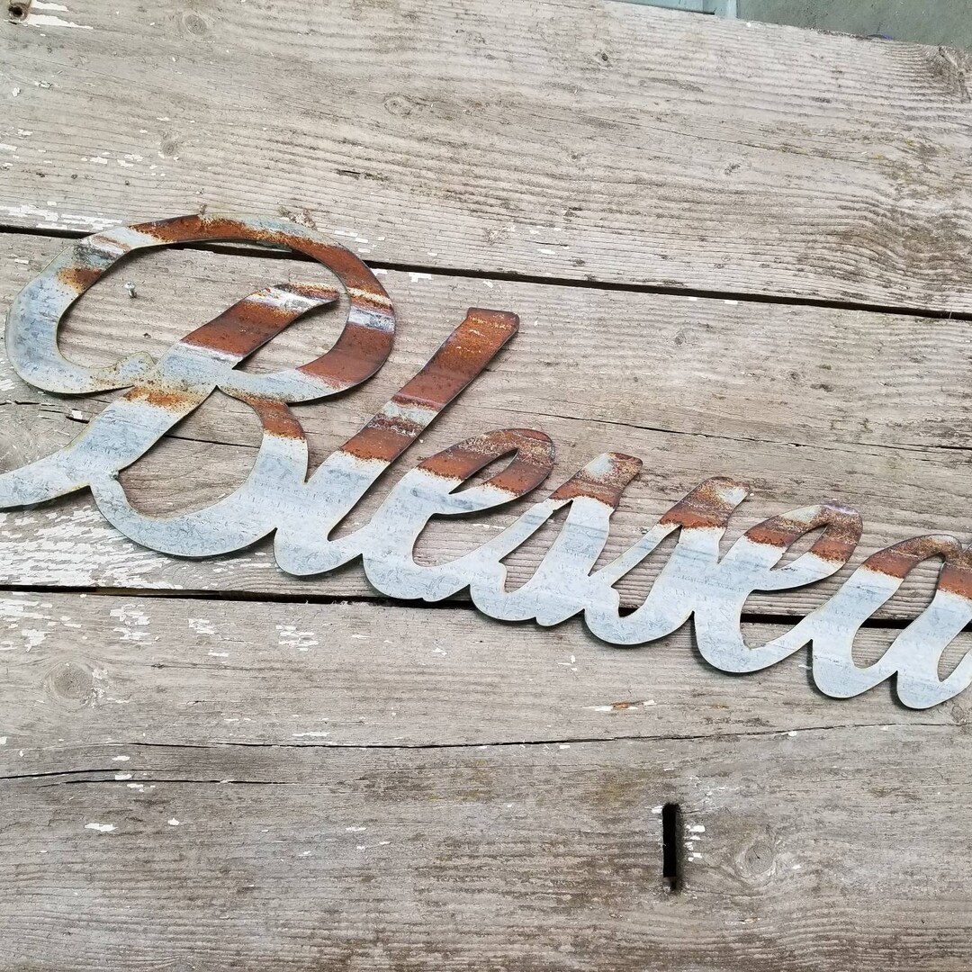 Large Cursive Words in Recycled Corrugated Metal Barn Roofing ...