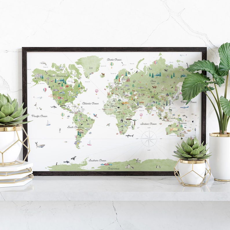 Green Educational World Map Printable Kids World Map - Etsy