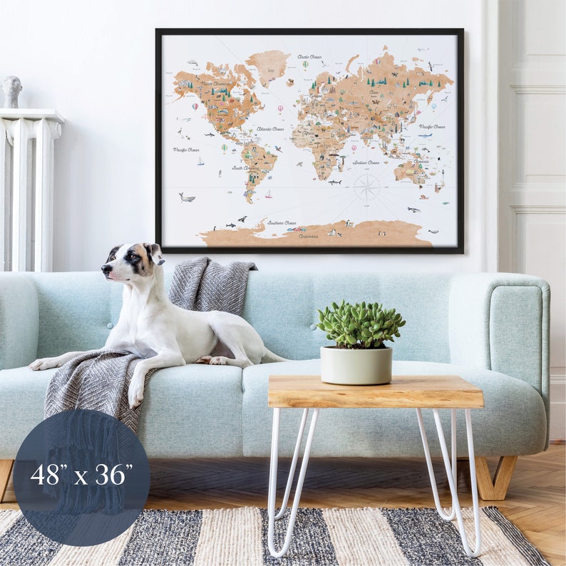 Tan Educational World Map World Map Kids Wall Art - Etsy Canada