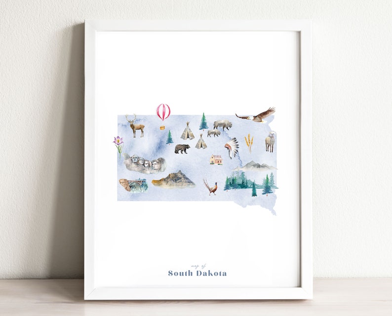 South Dakota Illustrated State Map wall art print nursery | Etsy