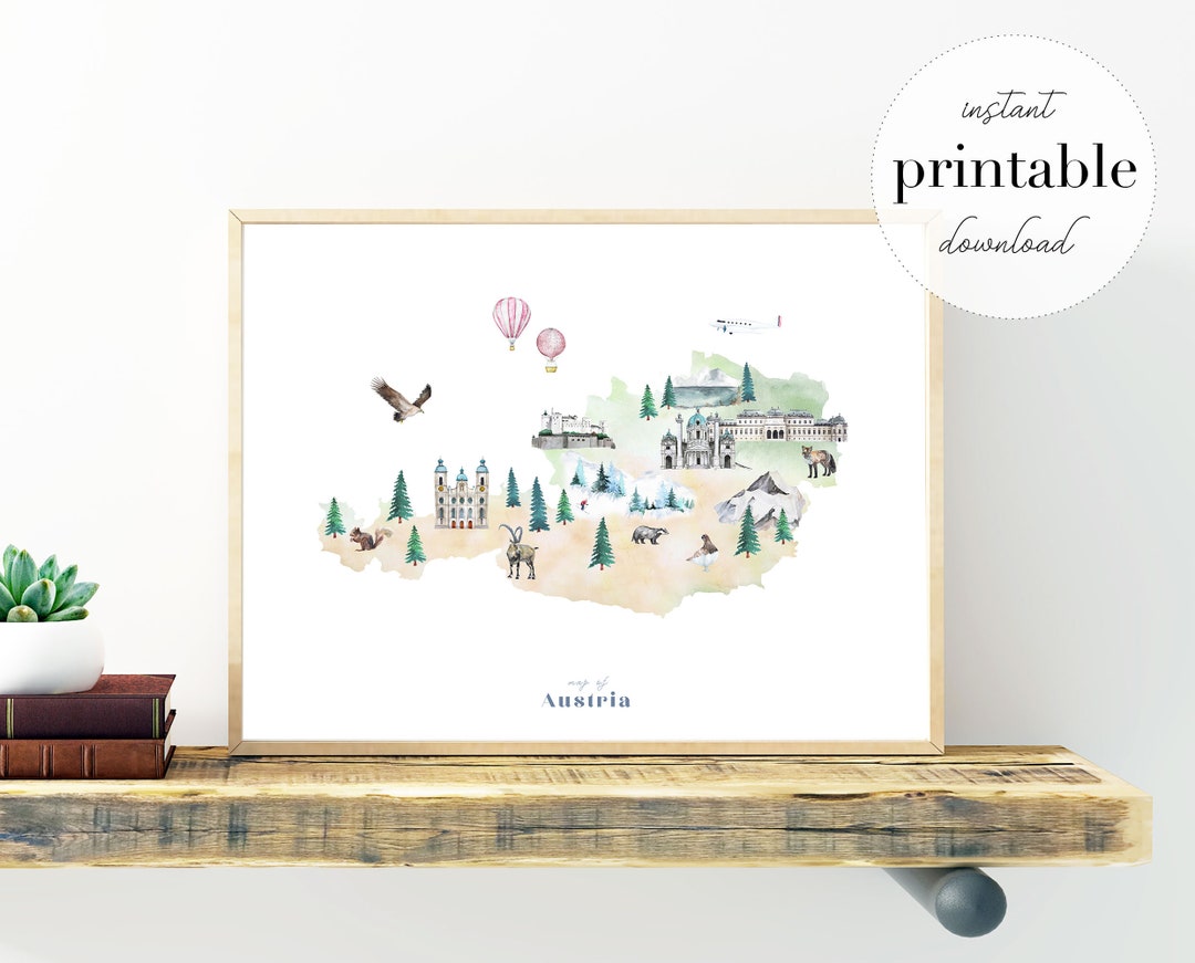 Austria Illustrated Map Printable, Wall Art Print, Nursery Decor ...