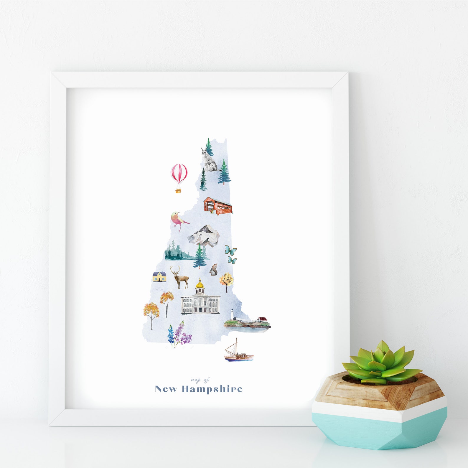 New Hampshire Printable State Map Illustrated Wall Art Print - Etsy