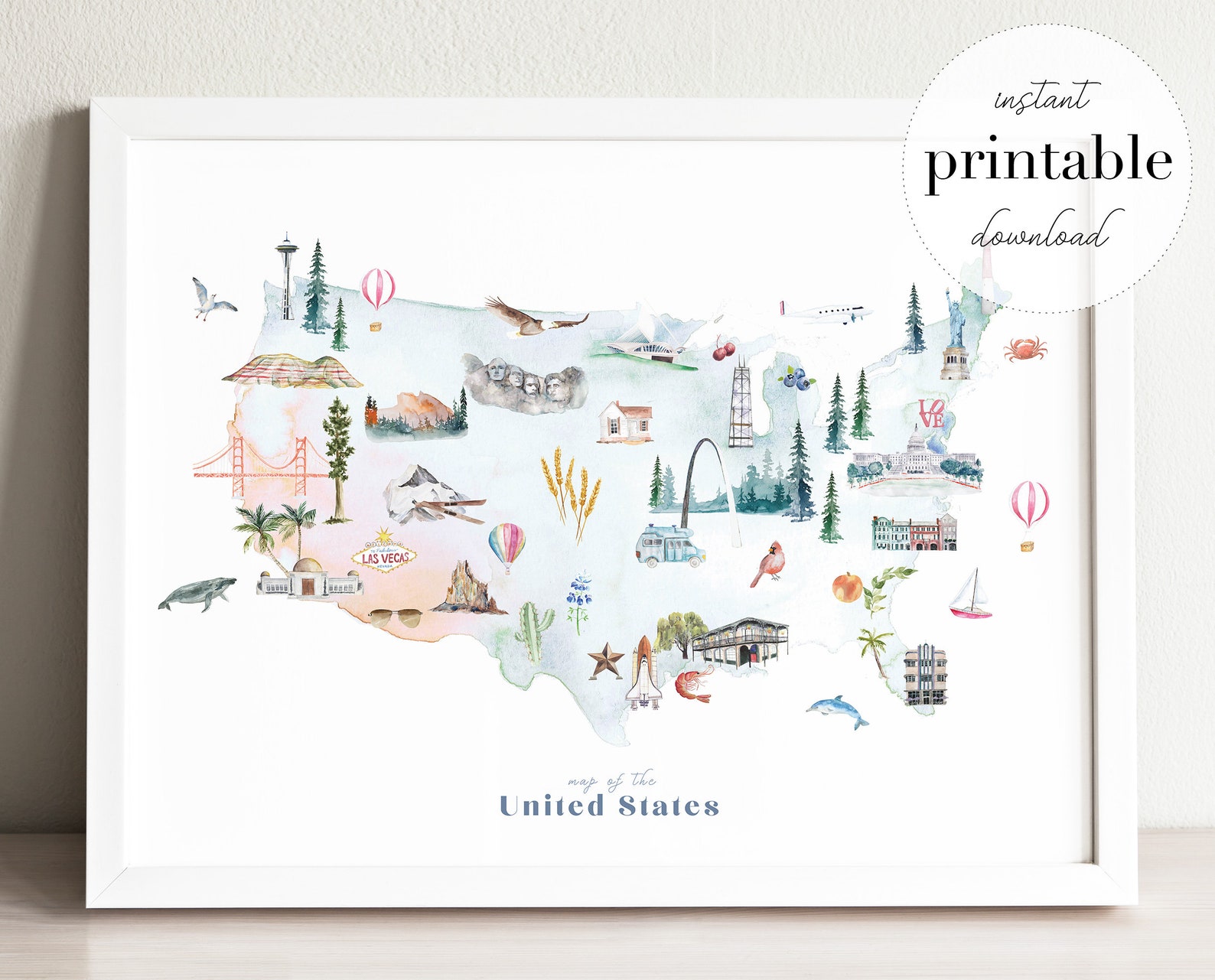 United States Illustrated Map Printable Wall Art Print | Etsy