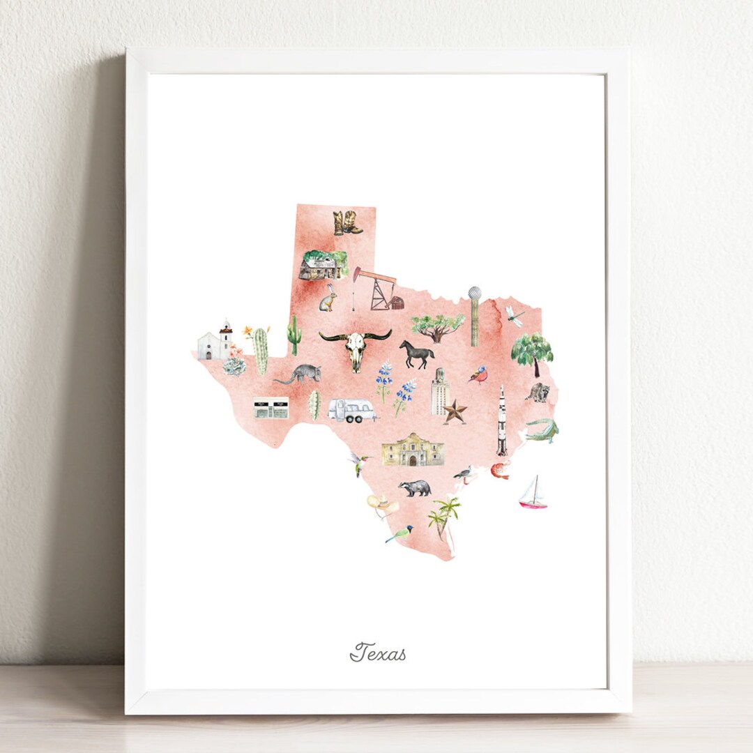 Texas Illustrated State Map, Texas Wall Art Print, Nursery Decor ...