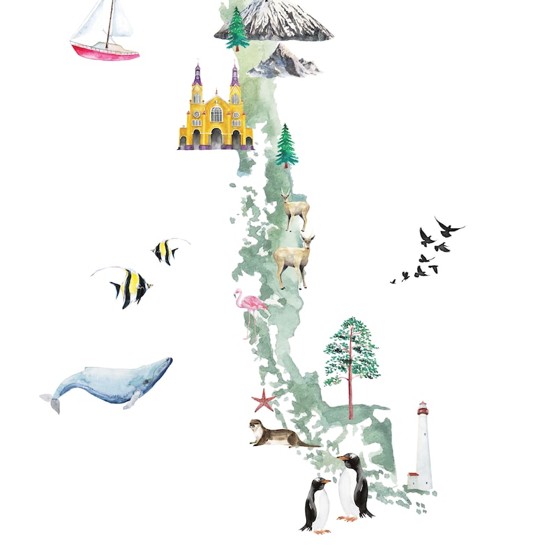 Chile Map Art Print Illustrated Home Decor Travel Poster | Etsy