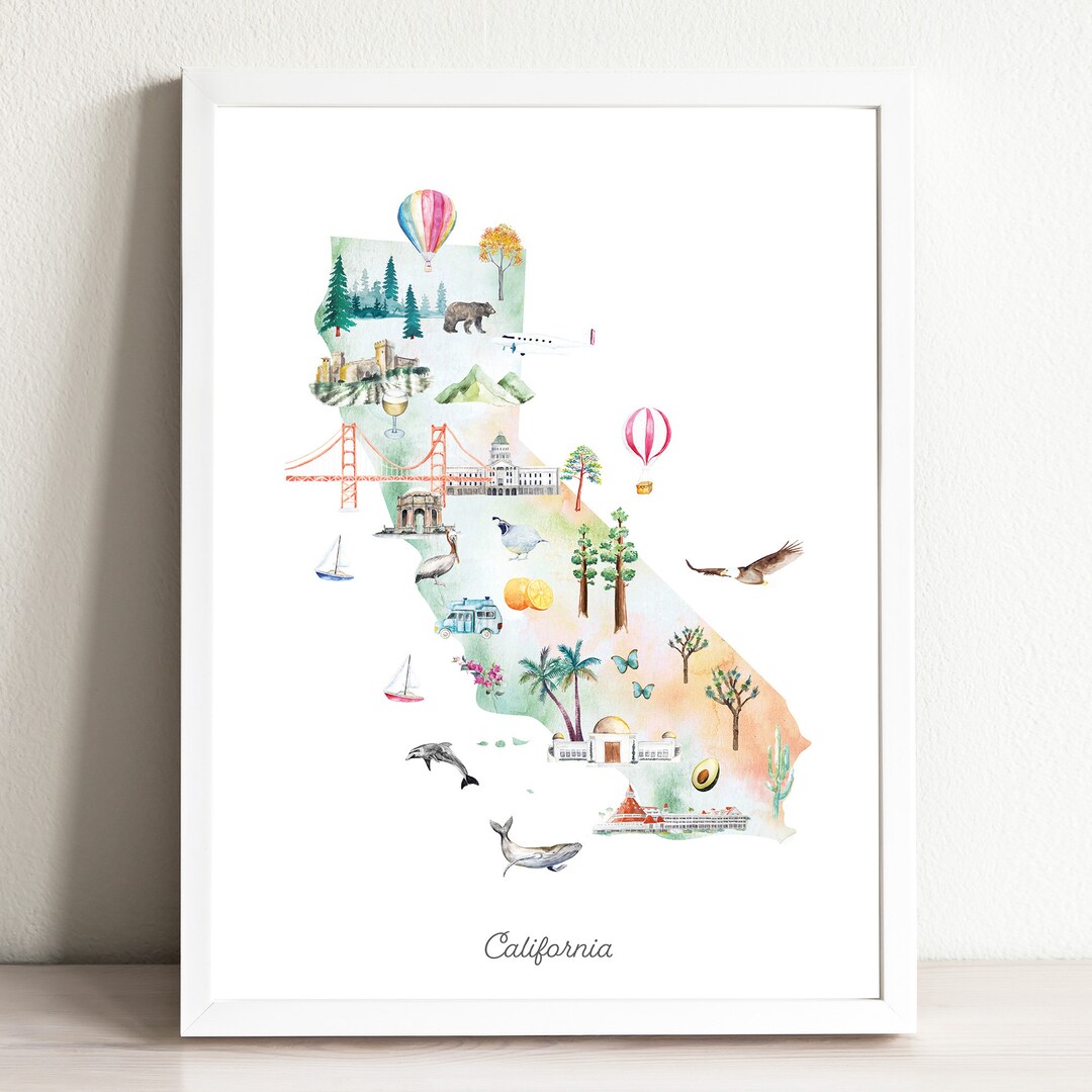California Illustrated State Map, California Wall Art Print, Nursery ...