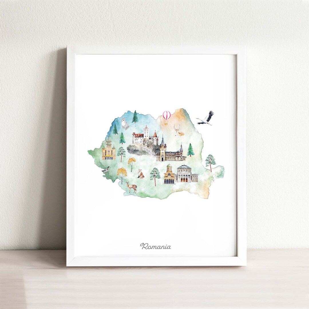 Romania Illustrated Map Art Print, Watercolor Nursery Decor, Country ...