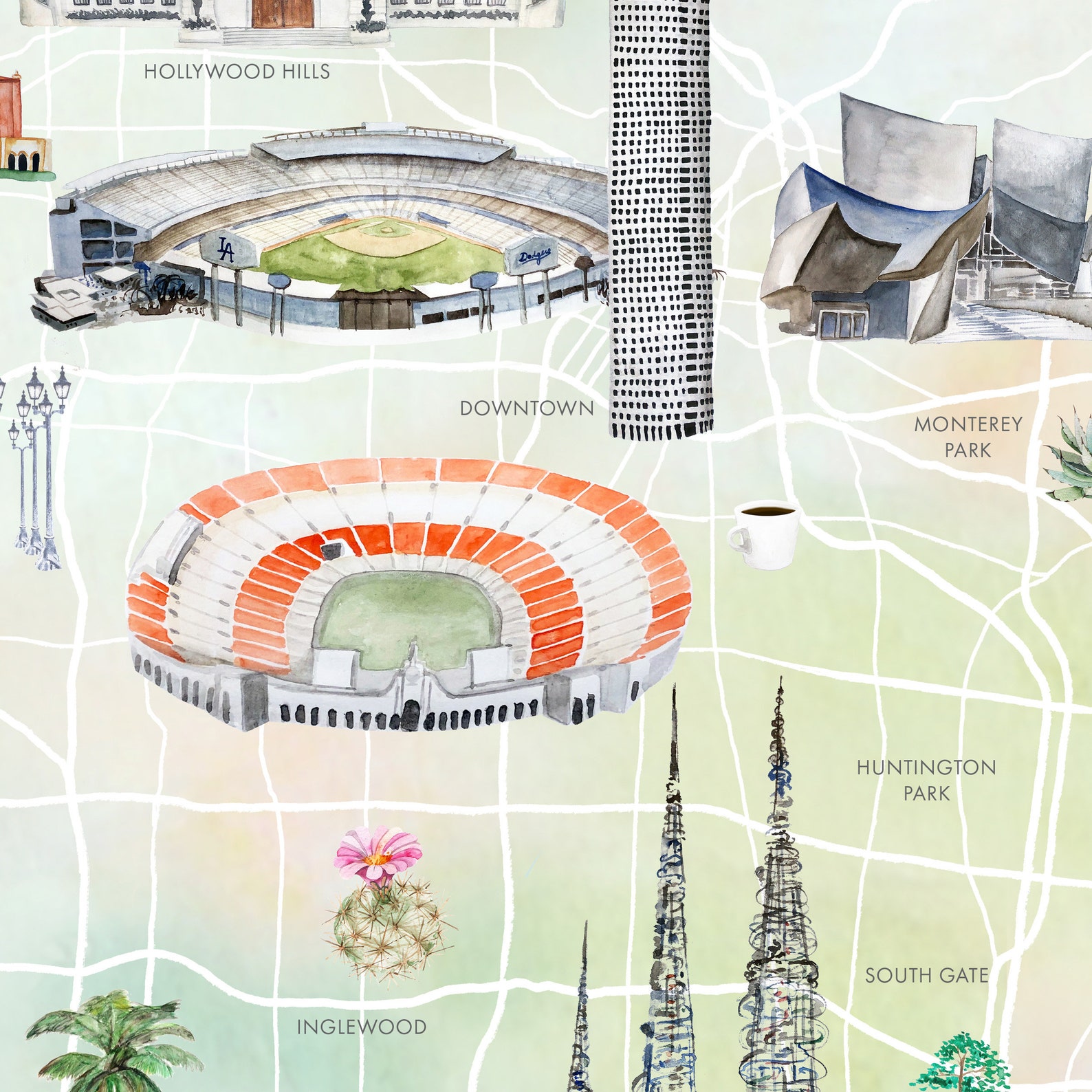 Los Angeles Map Art Print Watercolor City Map Travel - Etsy