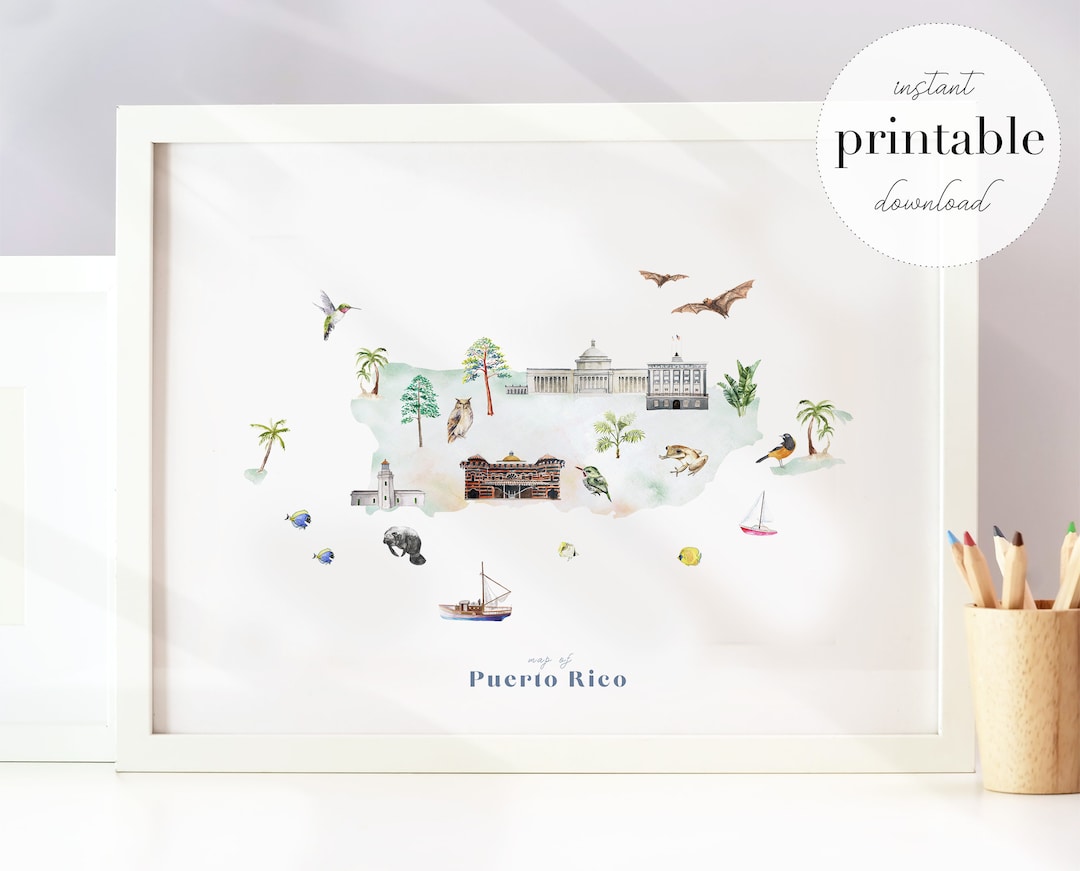 Puerto Rico Map Printable Illustrated Map Nursery Art - Etsy