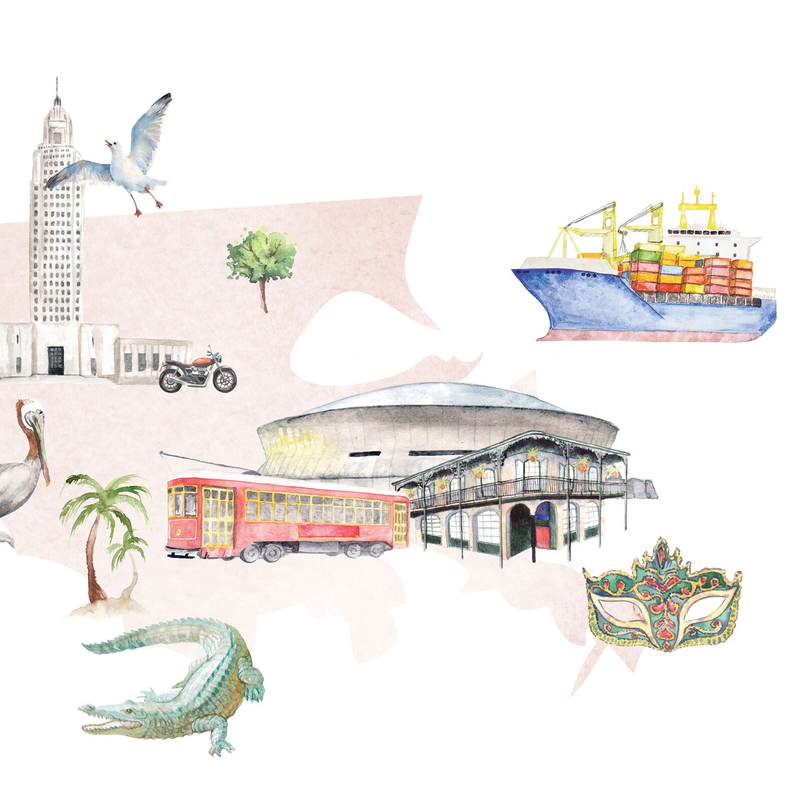 Louisiana Illustrated State Map, New Orleans, Wall Art Print, Nursery ...