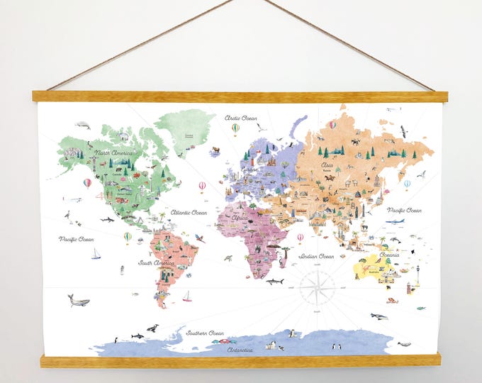 Vintage World Map Chart Poster Print Hanging Chart / Pull Down Style ...