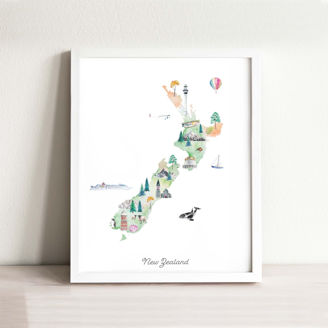 New Zealand Illustrated Map Art Print, Watercolor Nursery Decor ...