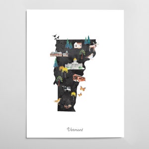 Vermont Illustrated Watercolor State Map Art Print Map Poster, Travel ...